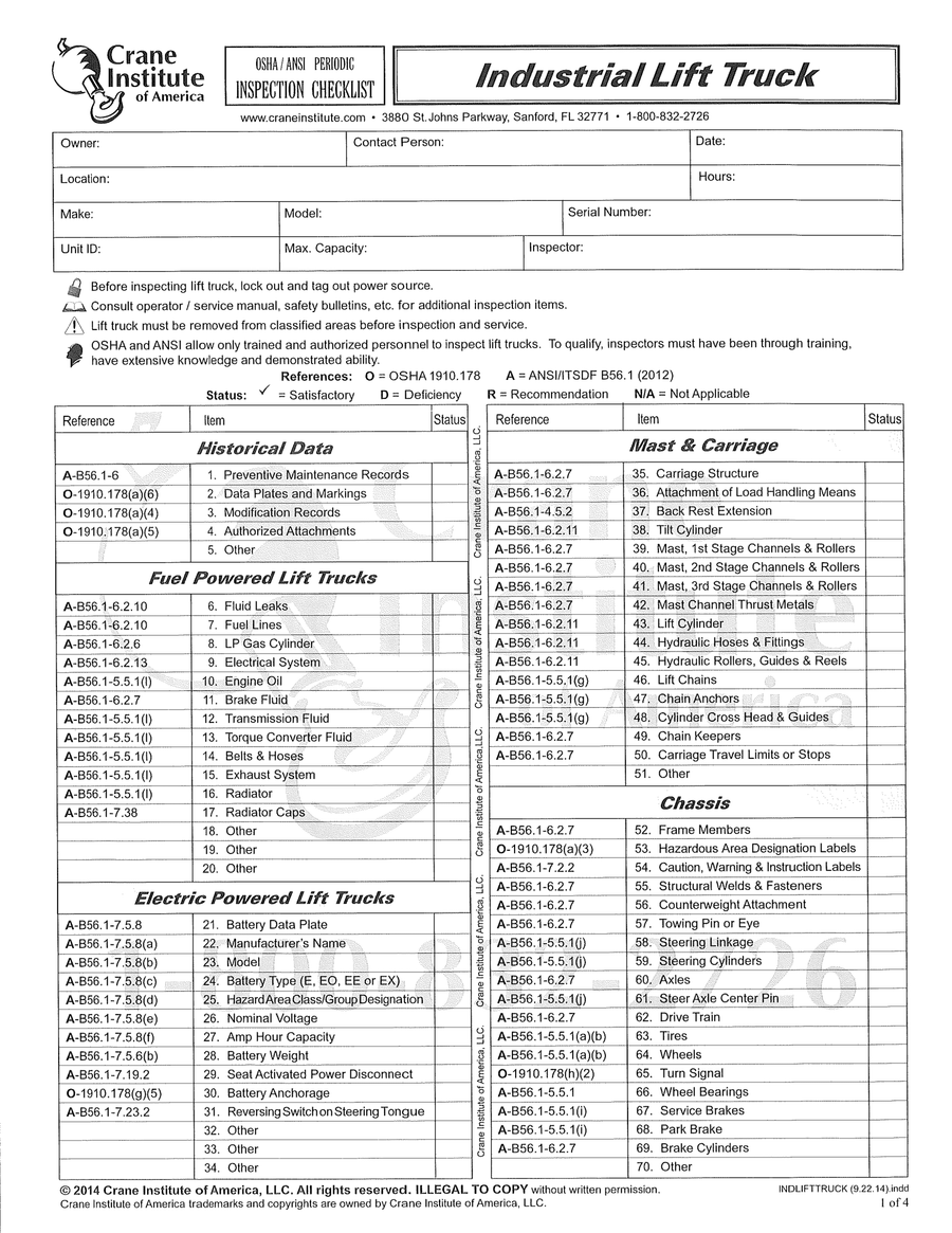 Industrial Lift Truck Annual Inspection Checklists – Crane Institute of America