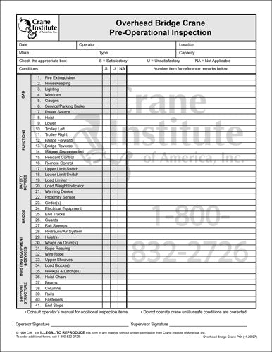 Pre-Operational Checklist - Overhead Bridge Crane – Crane Institute of ... Pre-Operational Checklist - Overhead Bridge Crane – Crane Institute of ...